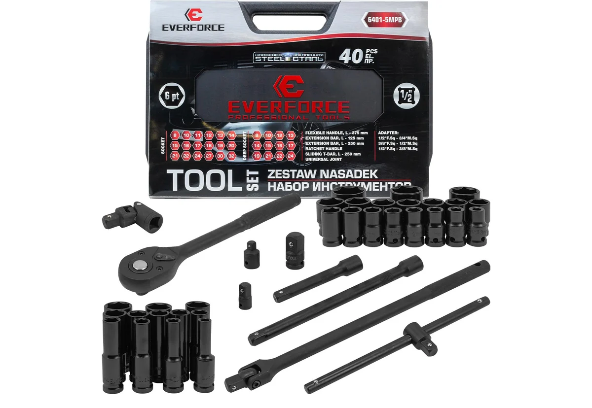 Набор инструментов EVERFORCE, 40 предметов, 1/2", 6-гранные, сталь