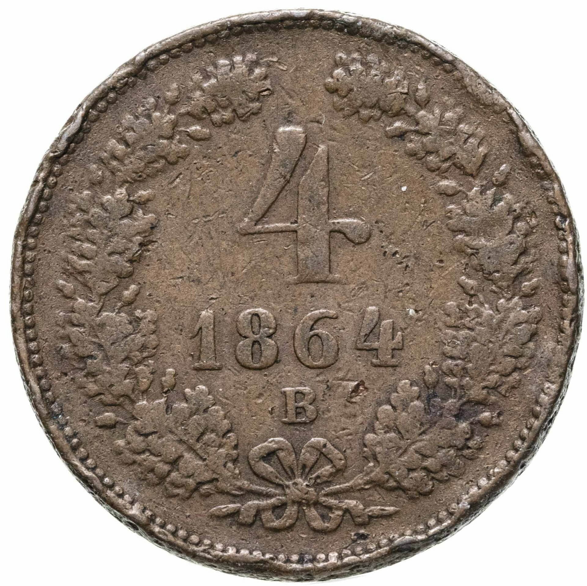 Австрия 4 крейцера 1861 А, знак монетного двора "B" - Кремница, Медь, в сохранности VF