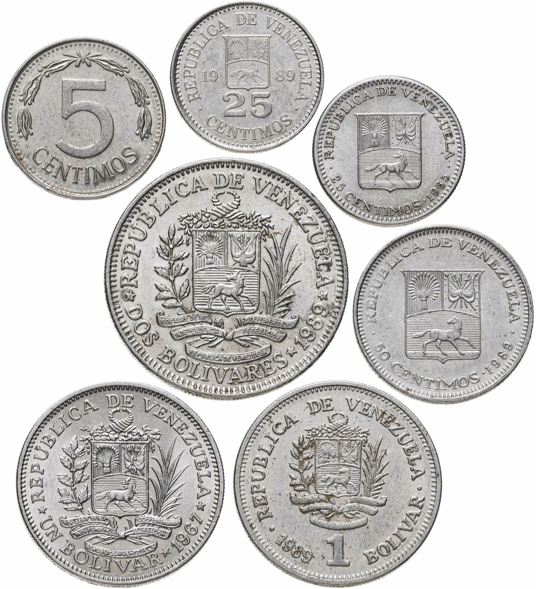 Венесуэла, набор из 7 монет 1965-1989, Сталь, в сохранности XF-AU