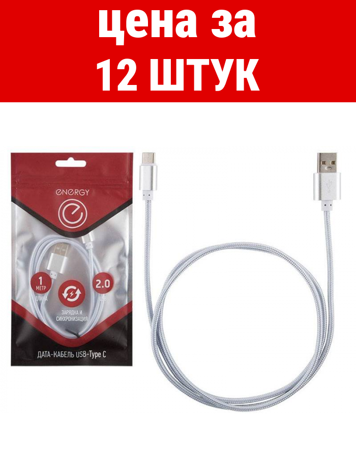 Комплект 12 шт, Кабель для мобильных устройств Energy ET-01 USB/Type-C (серебро)