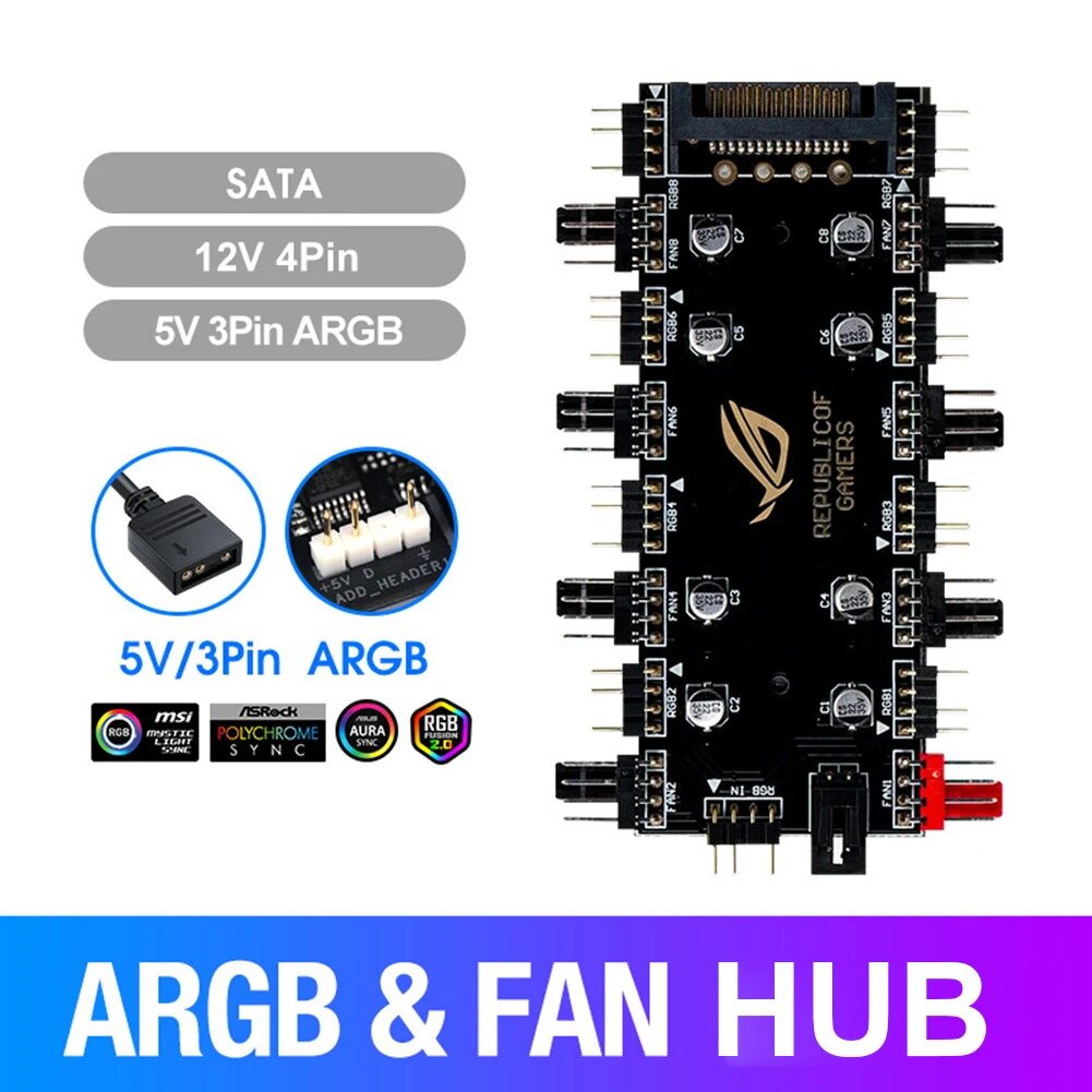 Разветвитель RGB вентиляторов ALLOYSEED 1-8, 5V3PIN SATA