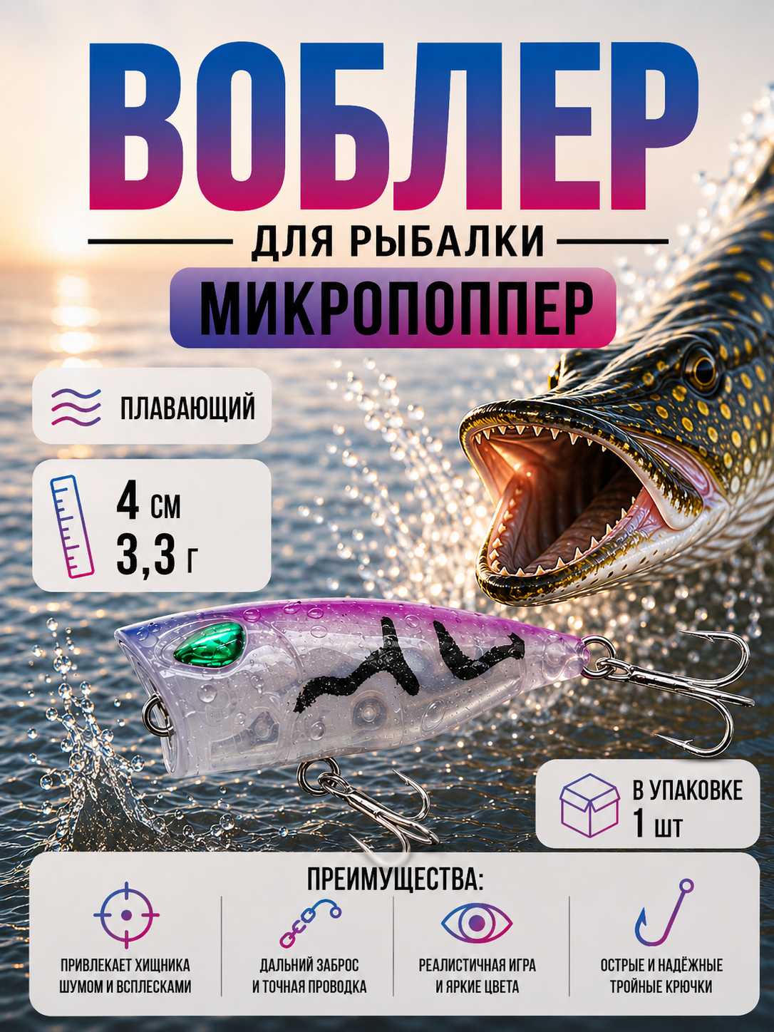 Воблер микропоппер, плавающая поверхностная приманка, с тройными крючками, 4 см/3,3 г , розово-белая