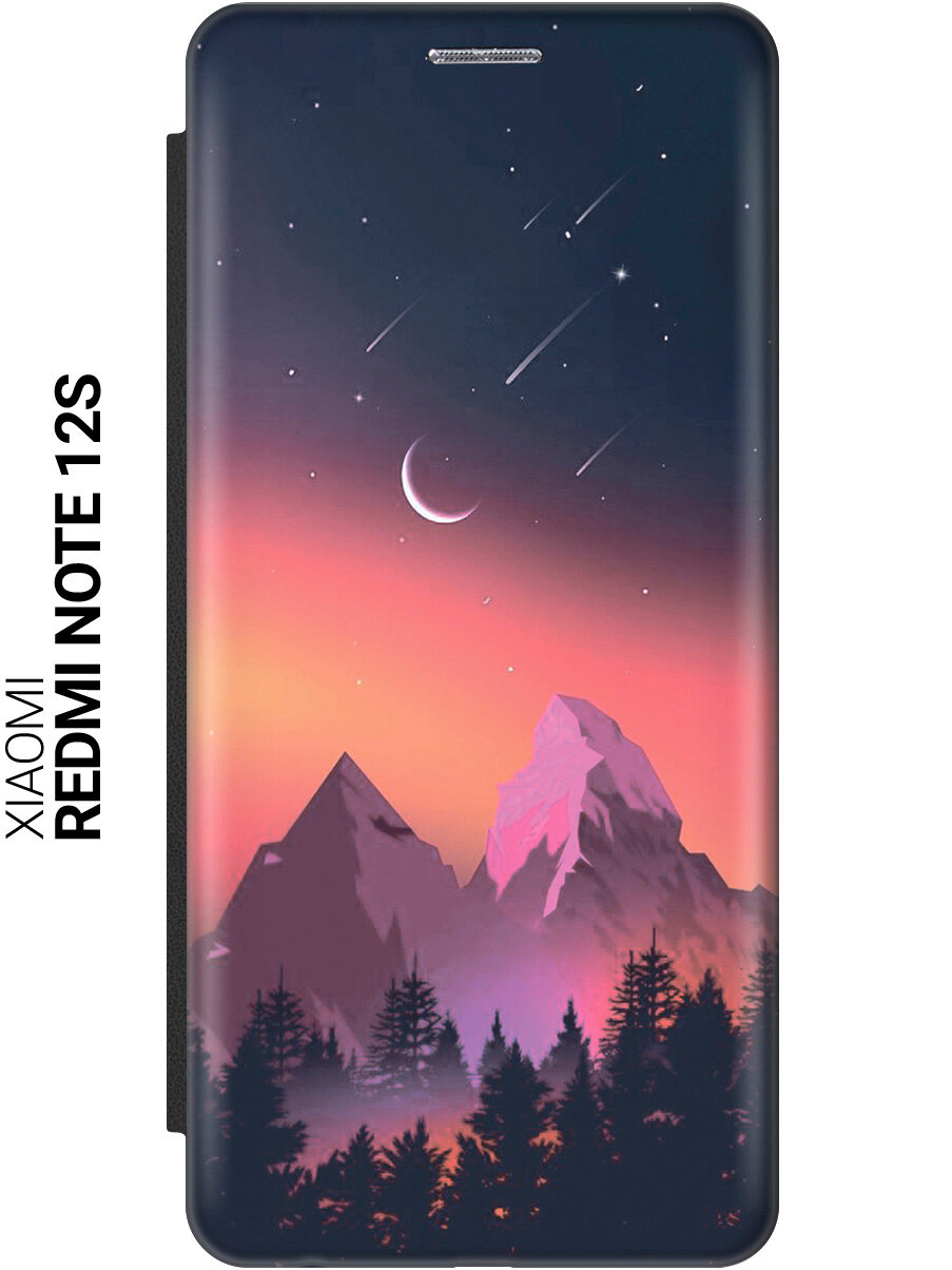 Чехол-книжка на Xiaomi Redmi Note 12s / Сяоми Редми Ноут 12с с рисунком "Горы и звездопад" черный