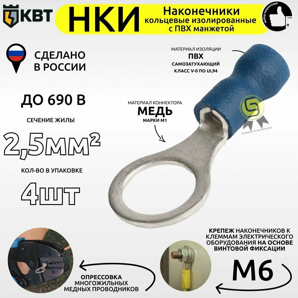 Наконечник НКИ 2,5-6 4шт кольцевой изолированный кабельный серия профи с ПВХ манжетой синий 47479