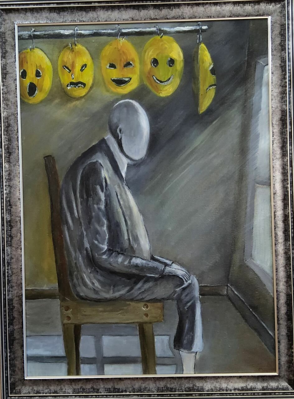 Картина в раме. Миляева Нина "Маски-Лица", холст, масло, 70x50. Авторская живопись.