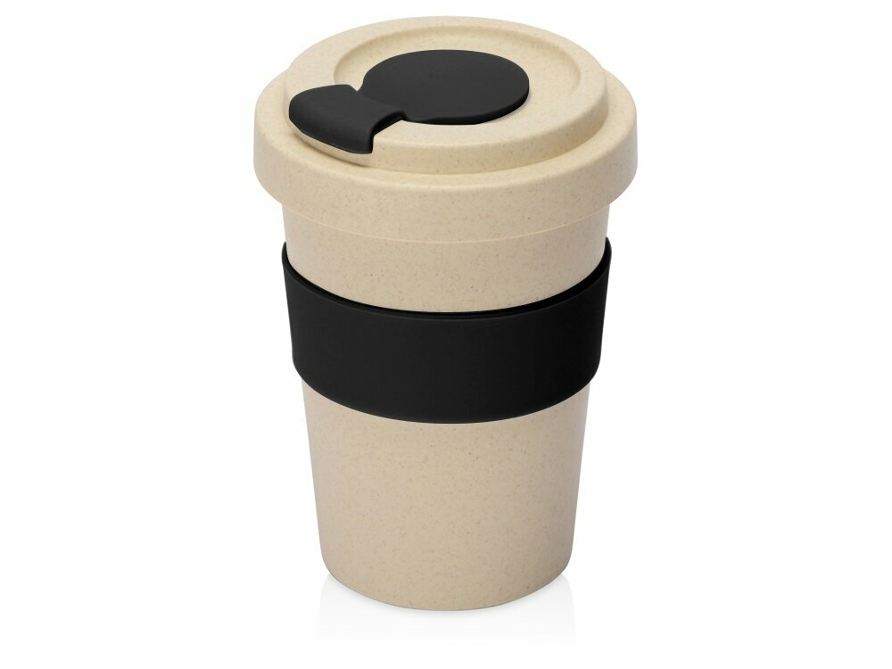 Стакан из пшеничного волокна «Flava» с силиконовой манжетой и клапаном на крышке, цвет бежевый/черный
