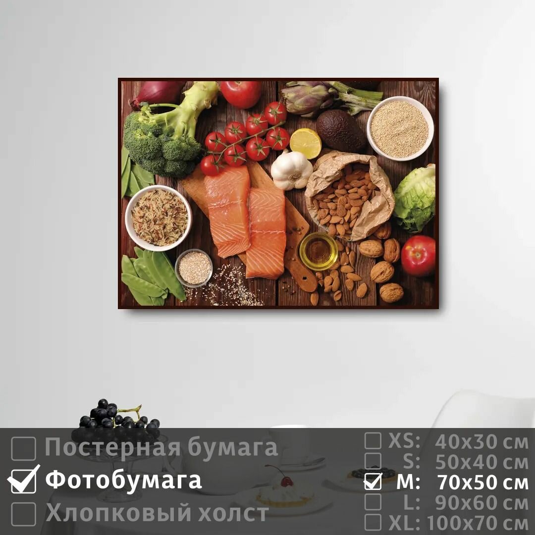 Постер на фотобумаге Здоровое Питание Овощи Зелень Рыба 70х50 см ПолиЦентр