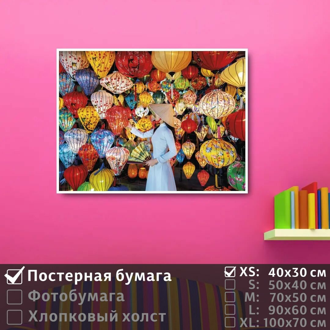 Постер на стену Девушка В Шляпе С Китайскими Фонариками 40х30 см ПолиЦентр