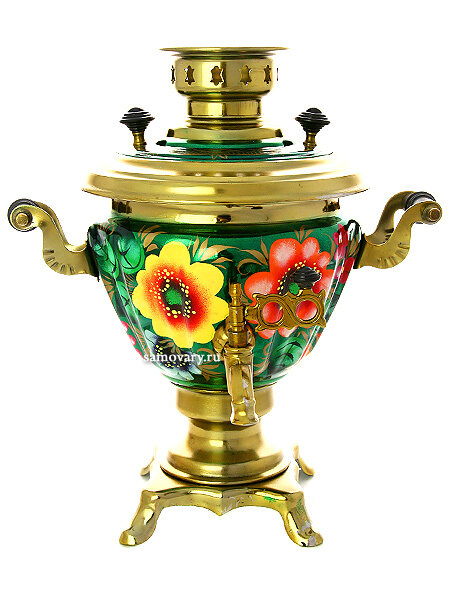 Электрический самовар 2 литра с художественной росписью "Жостово на зеленом фоне", арт. 155615