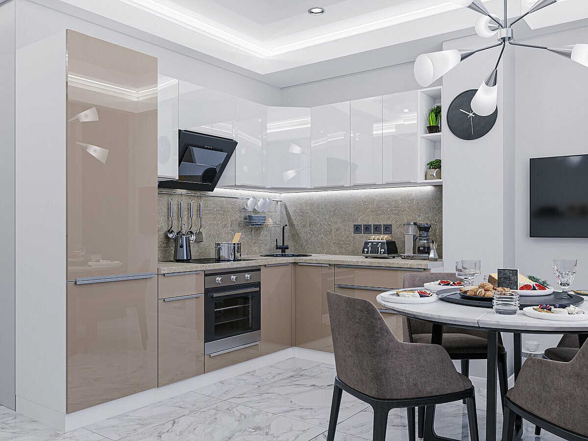 Кухня Фьюжн-04, цвет фасада Gallant/Angel, цвет каркаса Белый, 2140*2500/1800*600 мм