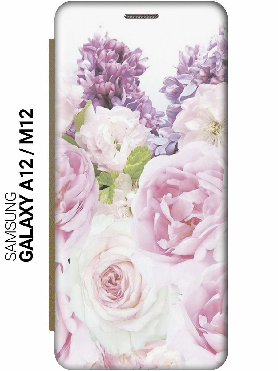 Чехол-книжка на Samsung Galaxy A12, M12, Самсунг А12, М12 с 3D принтом "Розовый букет" золотой