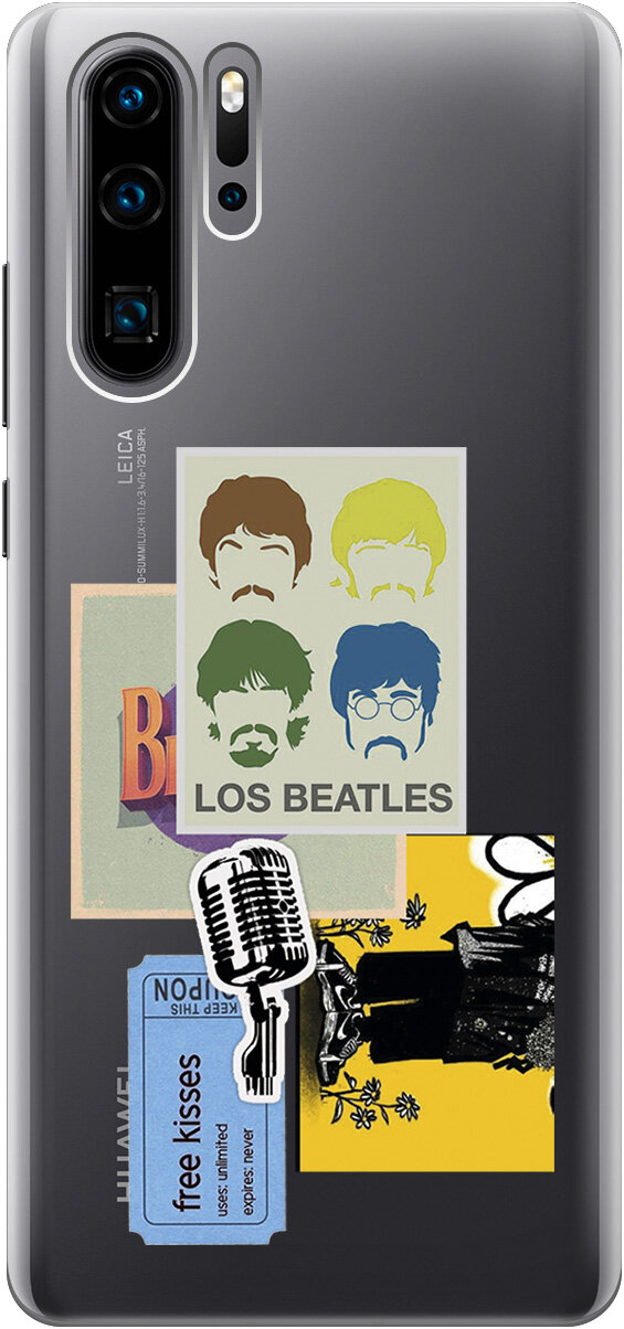 Силиконовый чехол на Huawei P30 Pro, Хуавей П30 Про с 3D принтом "Beatles Stickers" прозрачный