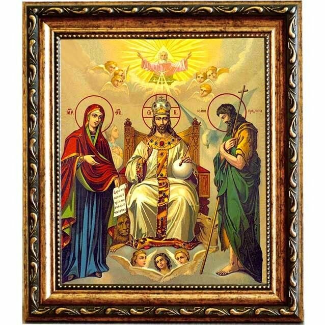 Спаситель на троне с предстоящими. Икона на холсте. (15 х 18 см / В раме)