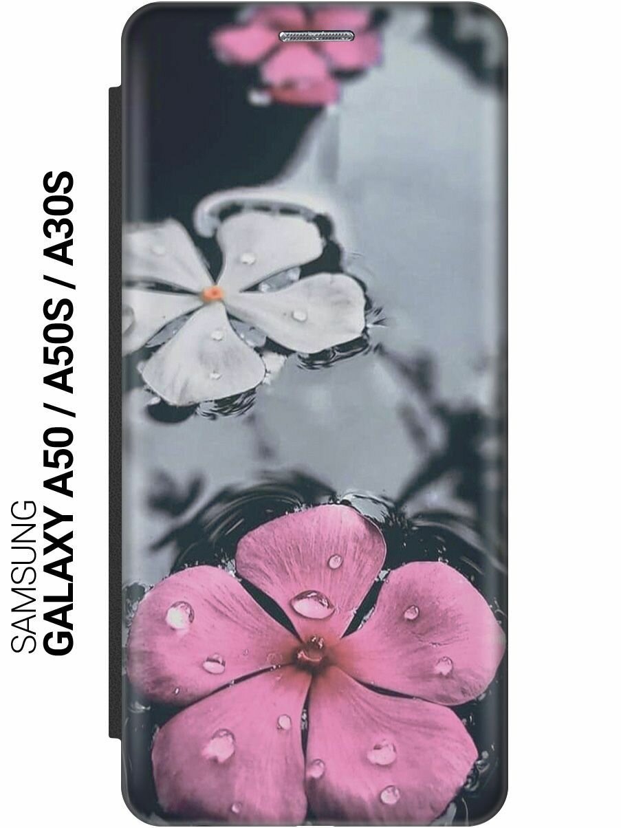Чехол-книжка на Samsung Galaxy A50, A50s, A30s, Самсунг А50, А30с, А50с c принтом "Фиалки в воде" черный