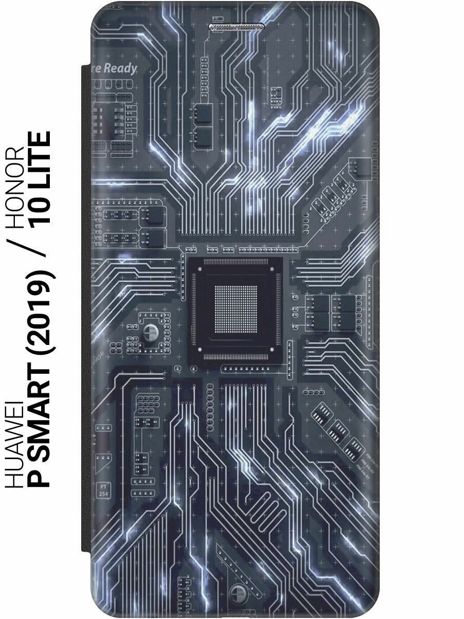 Чехол-книжка на Honor 10 Lite, Huawei P Smart (2019), Хуавей П Смарт (2019), Хонор 10 Лайт с 3D принтом "Синяя микросхема" черный