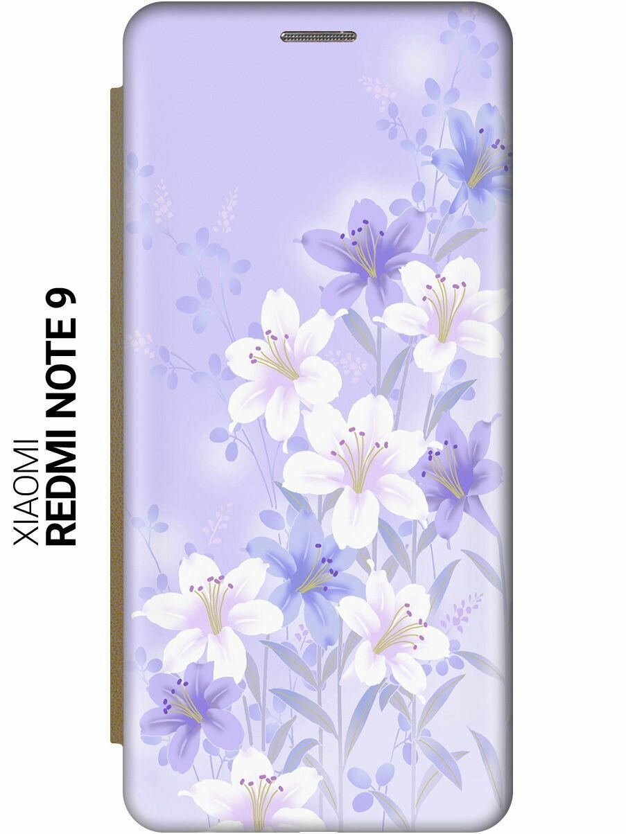 Чехол-книжка на Xiaomi Redmi Note 9, Сяоми Редми Ноут 9 с 3D принтом "Лилии на фиолетовом" золотой