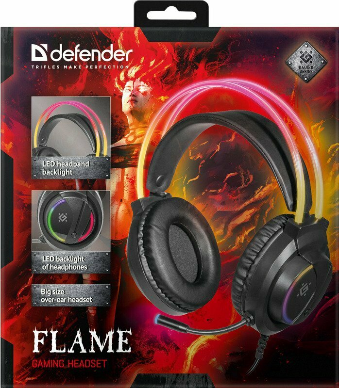 Игровая гарнитура Defender Flame RGB, микрофон, черно-красная, проводная — фото 1