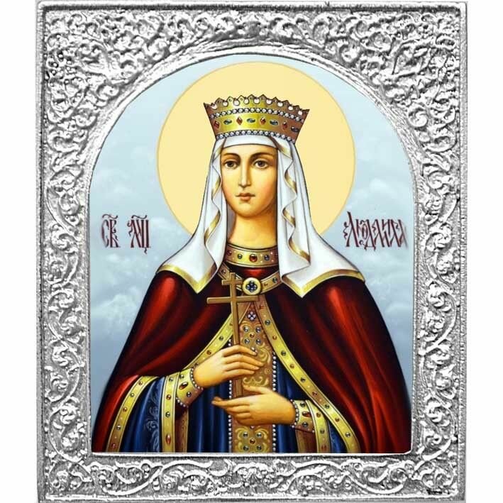 Людмила Чешская Княгиня, Святая мученица. Маленькая икона в посеребренной раме 4,5 х 5,5 см.