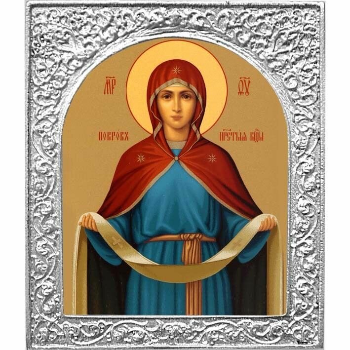 Покров Пресвятой Богородицы. Икона в посеребренной раме. 4.5 х 5.5 см