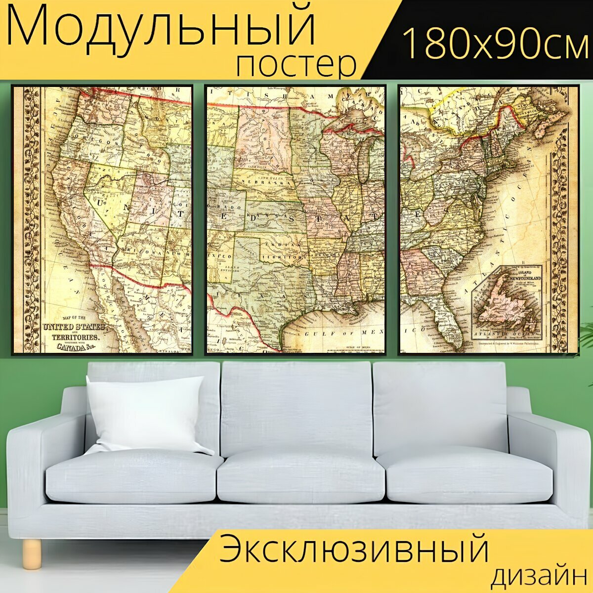 Модульный постер "Карта соединенных штатов, карта северной америки, карта" 180 x 90 см. для интерьера на стену в тубусе