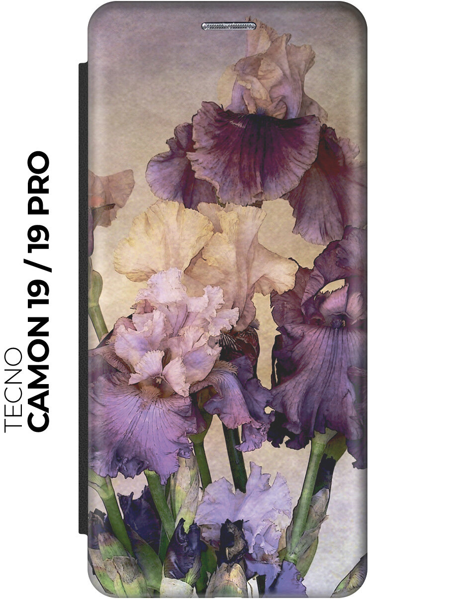 Чехол-книжка на Tecno Camon 19 / 19 Pro / Техно Камон 19 / 19 Про с рисунком "Фиолетовые цветы" черный