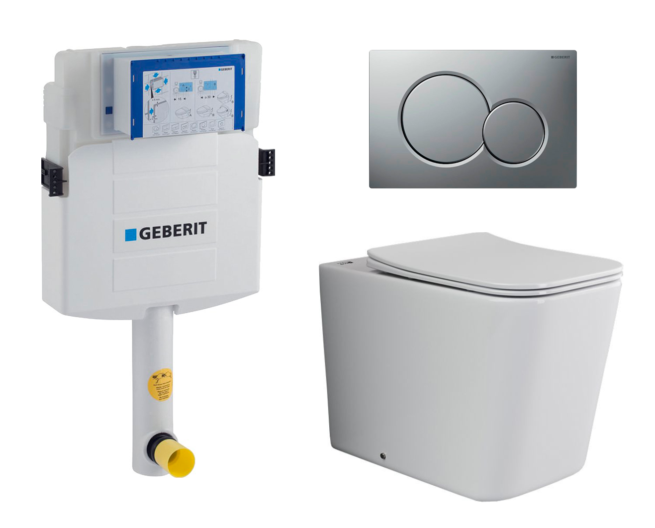 Комплект 3 в 1 смывной бачок скрытого монтажа Geberit Duofix UP320 + Унитаз приставной Ceramica Nova Cubic Rimless CN1809 + Кнопка Geberit Sigma 01 матовый хром