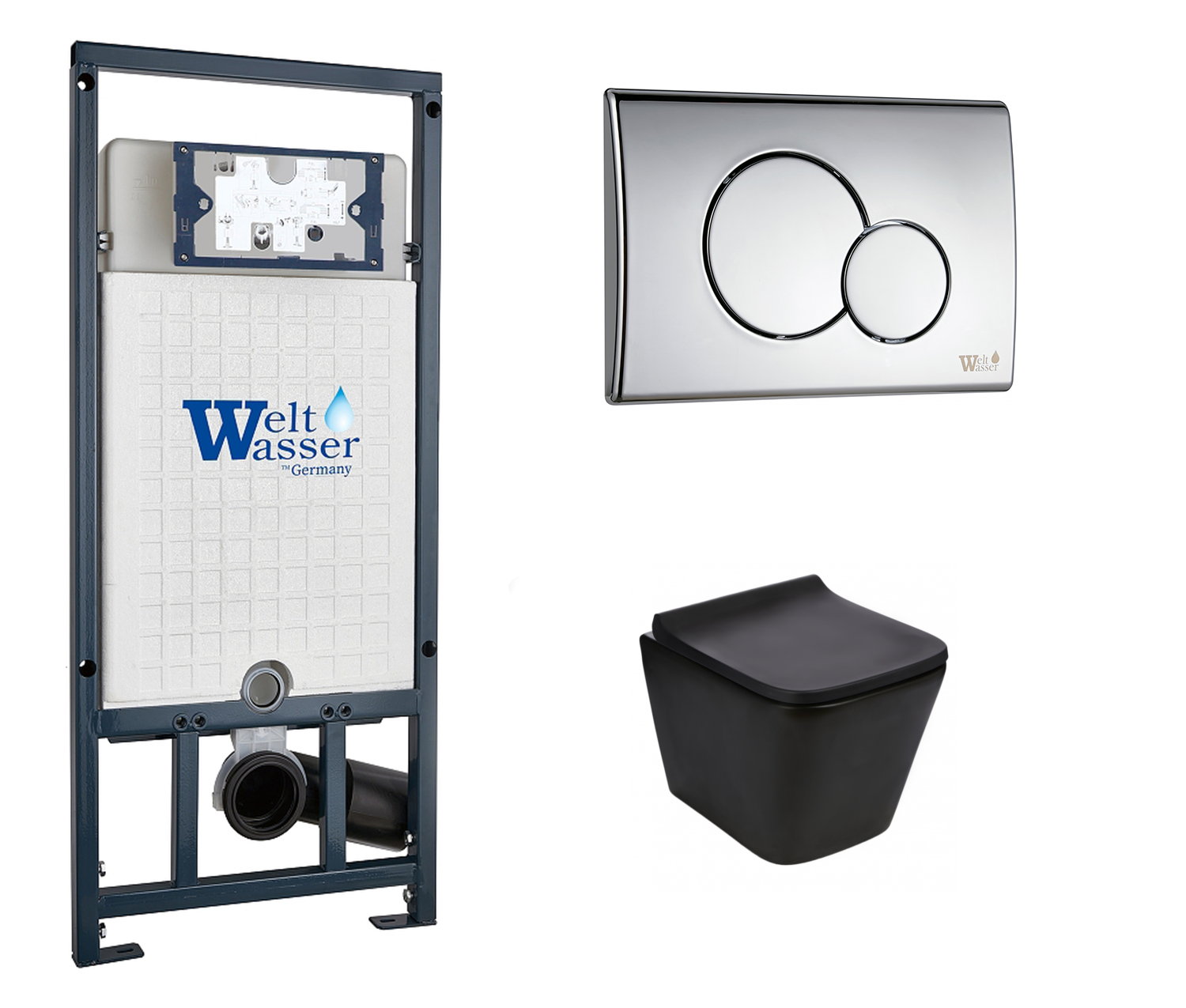 Комплект 3 в 1 инсталляция WeltWasser WW Marberg 507 + Подвесной унитаз WeltWasser Gelbach 043 MT-BL черный с кнопкой хром RD 10000005949 + 10000005952 + 10000003748