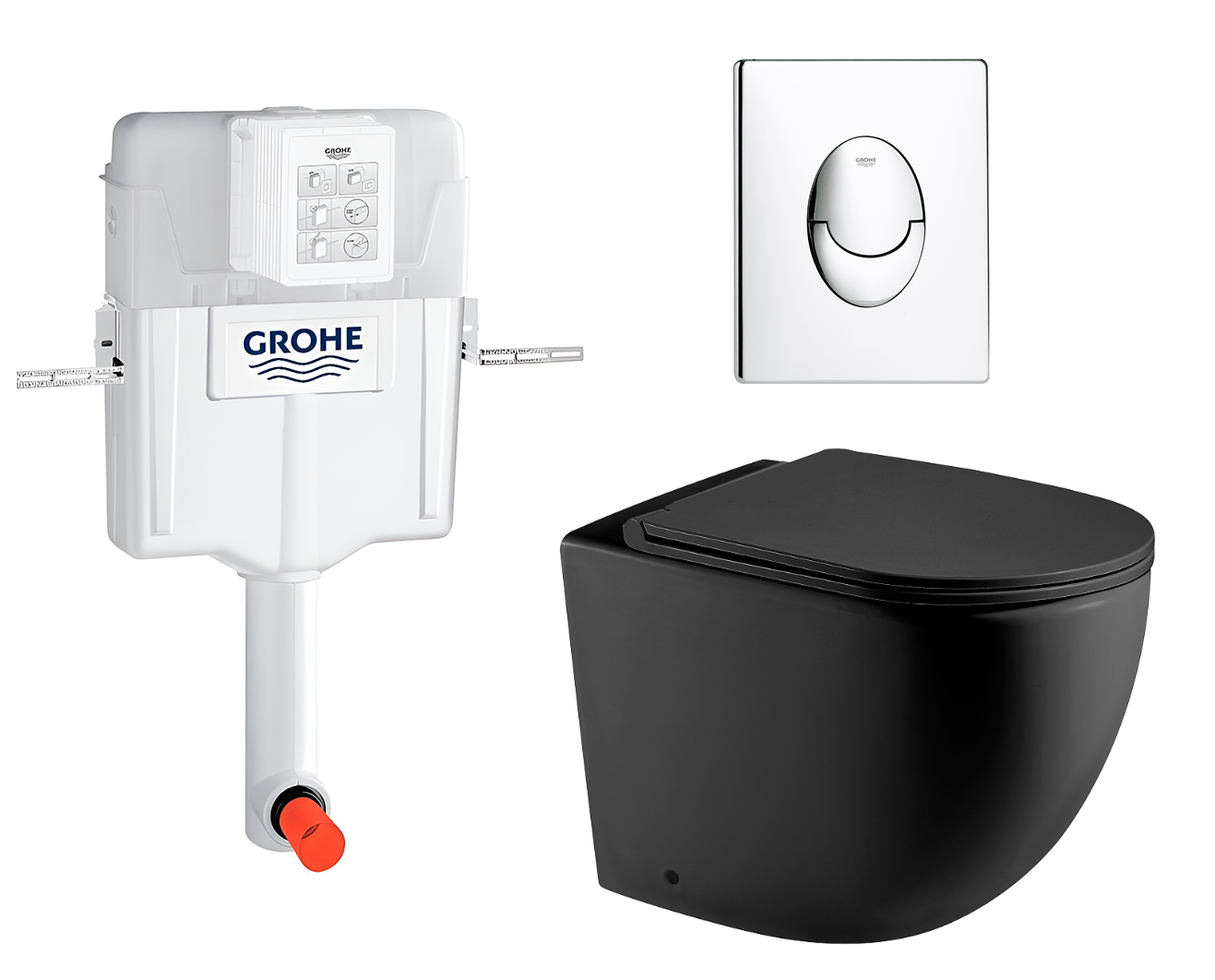 Комплект 3 в 1 смывной бачок скрытого монтажа Grohe GD2 + Унитаз приставной WeltWasser Merzbach 002 MT-BL + Кнопка Skate Air хром