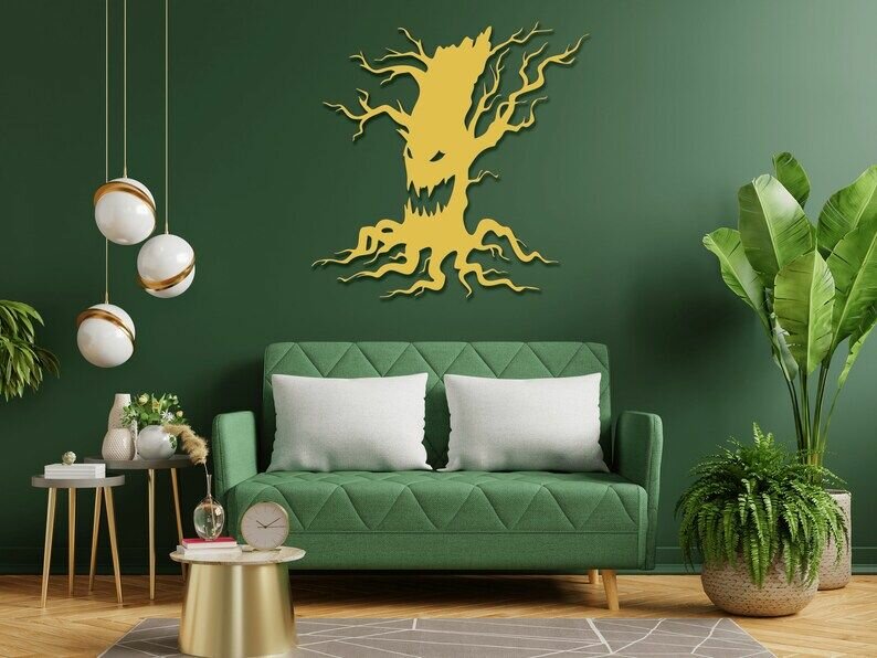 Декоративное металлическое панно, Страшное дерево, декор на хэллоуин (матовое золото)