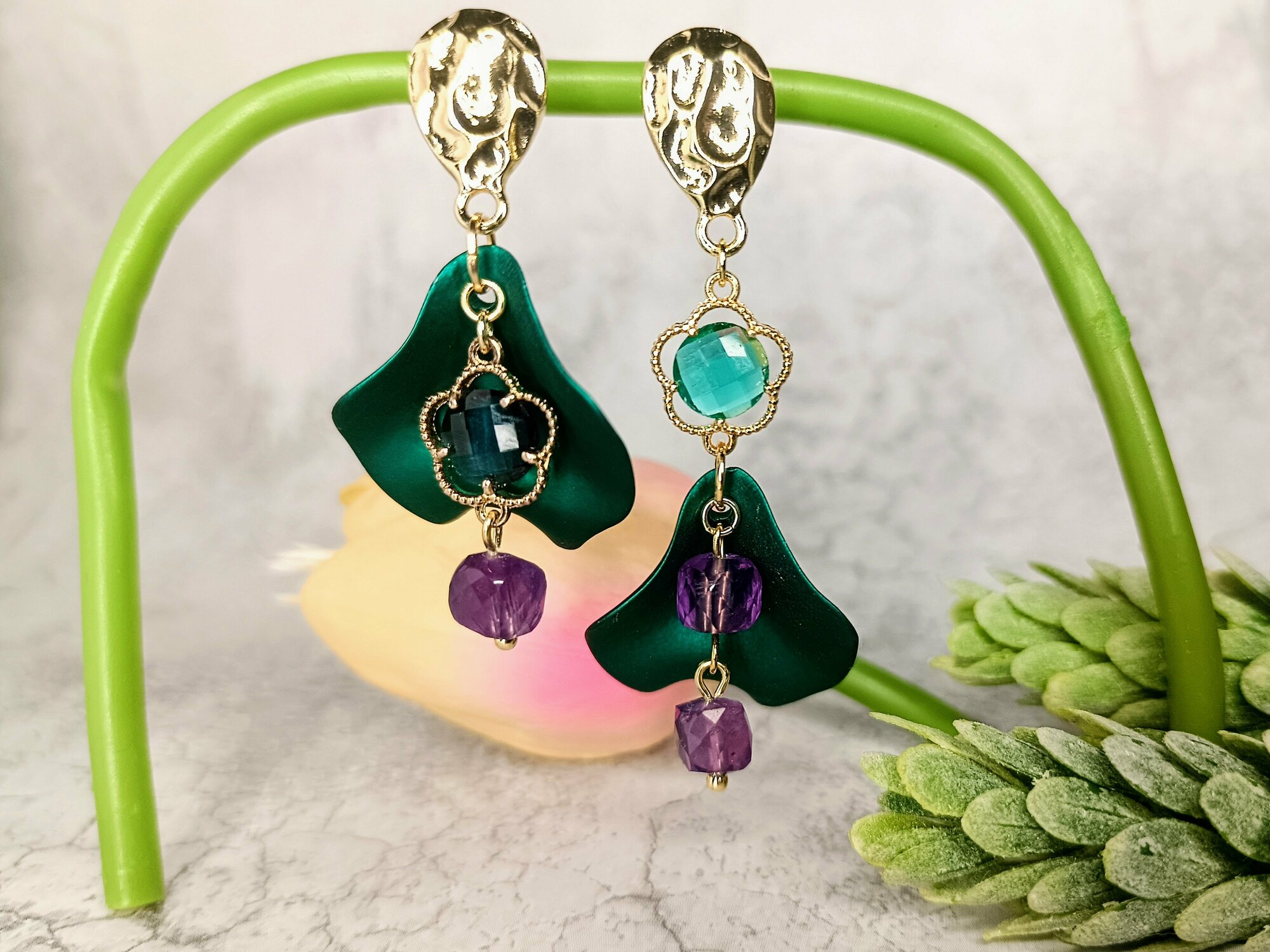 Серьги двусторонние, с подвесками, аметист