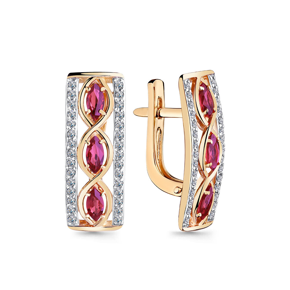 Серьги, красное золото, 585 проба, рубин, бриллиант