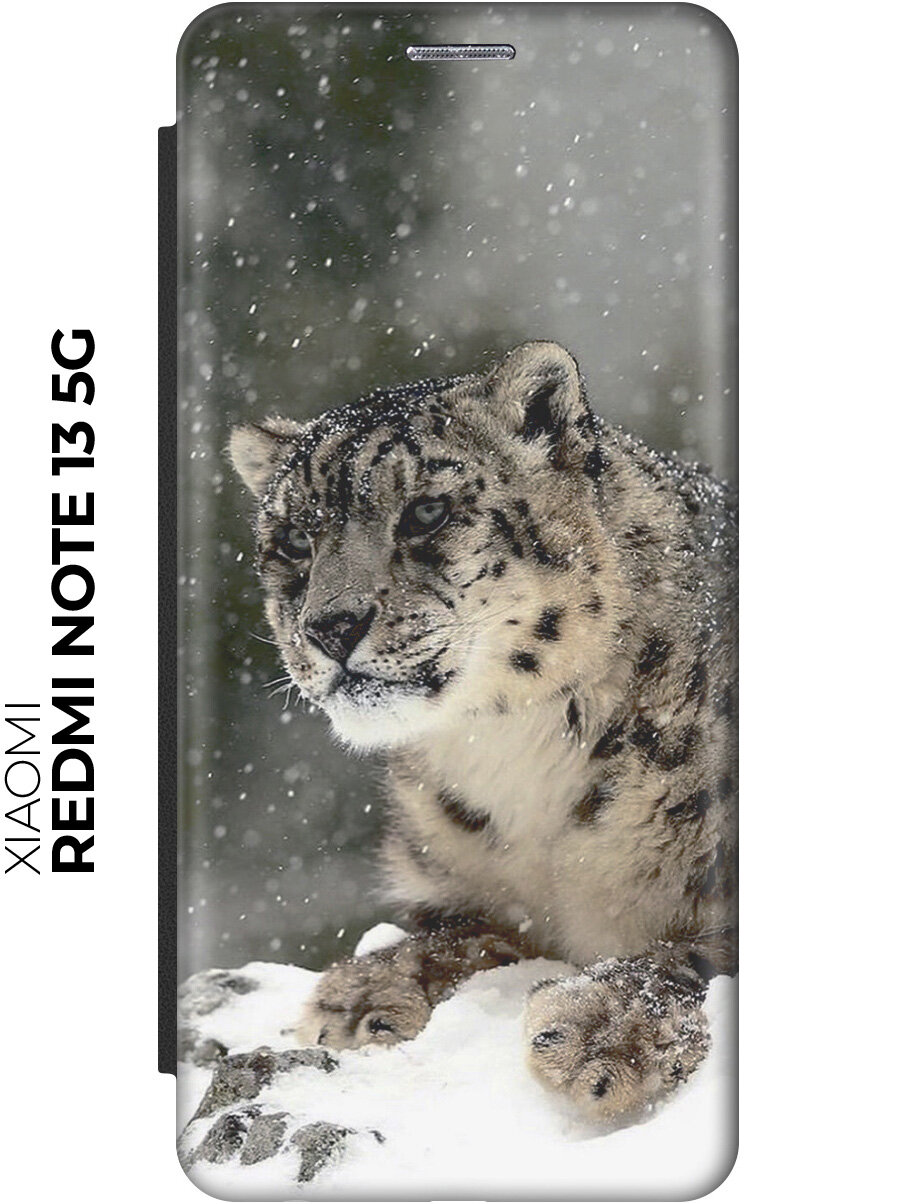 Чехол-книжка на Xiaomi Redmi Note 13 5g / Сяоми Редми Ноут 13 5г с рисунком "Барс и падающий снег" черный