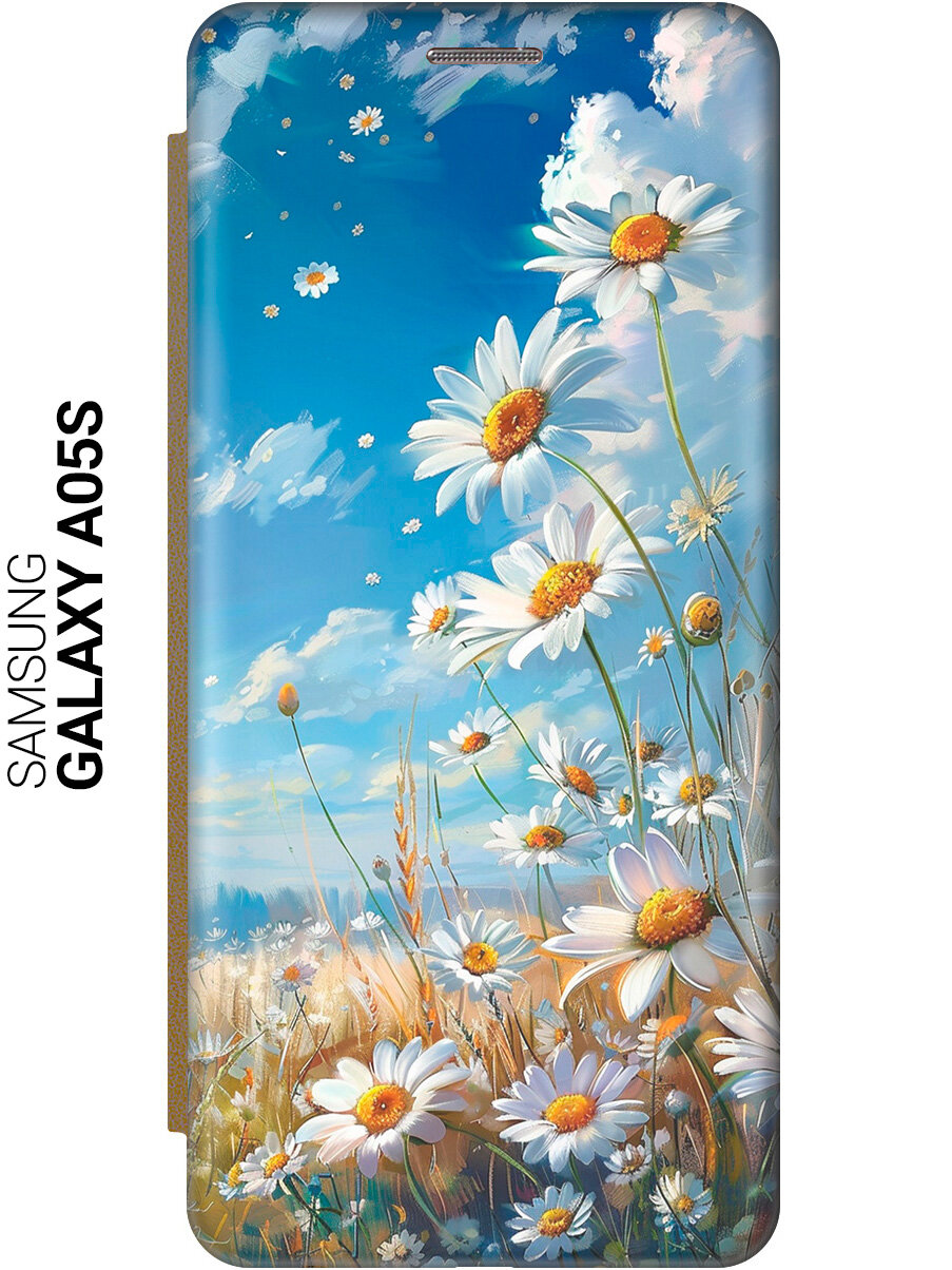 Чехол-книжка на Samsung Galaxy A05s / Самсунг А05с с рисунком "Ромашки на поле" золотой