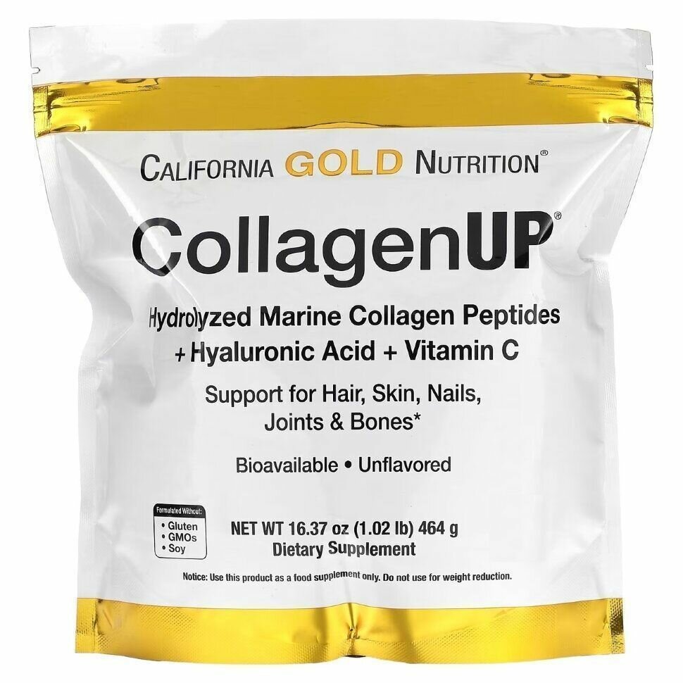Cаlifornia Gold, Коллаген морской Collagen UP с гиалуроновой кислотой и витамином C, 464гр
