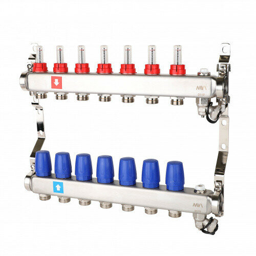 Коллектор, Premium, 1" х 3/4"ЕК, 7 выходов, в сборе с расходомерами, c дренажным краном и воздухоотводчиком
