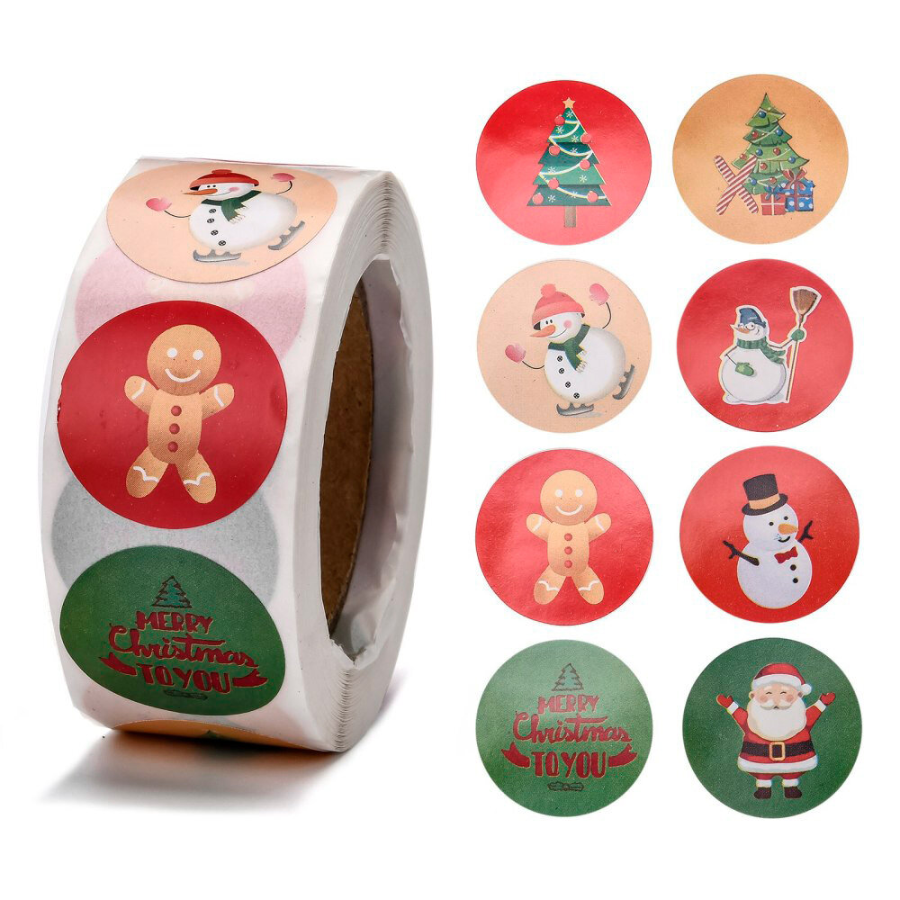 Наклейки бумажные 25мм, круглые, Новый год, микс "Снеговики и ёлки", около 500 штук, рулон, 1 шт.