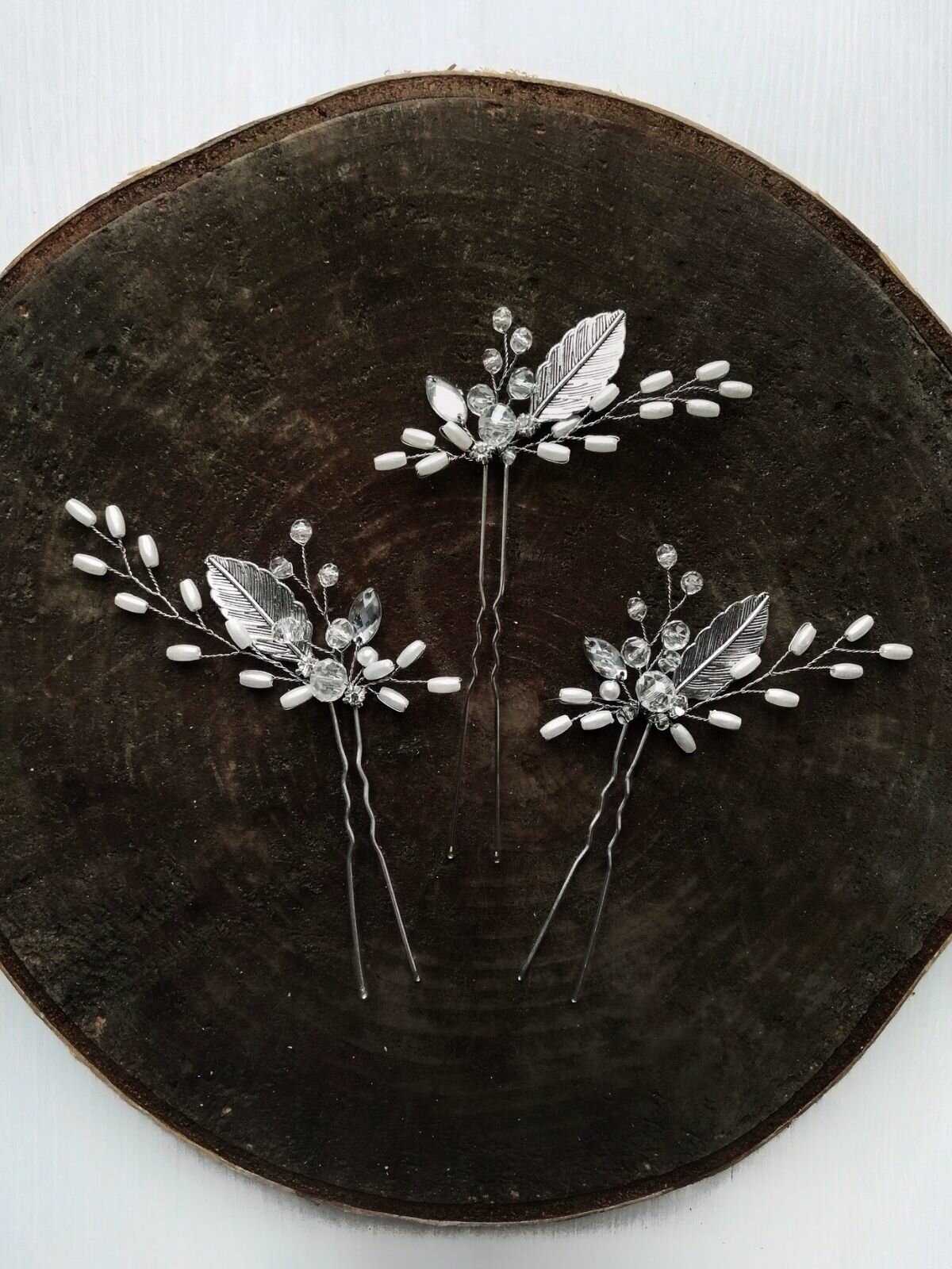 Шпильки с листиками 3 шт. Свадебные украшения в прическу, свадебные шпильки, украшения в свадебную прическу, шпильки для вечерней прически