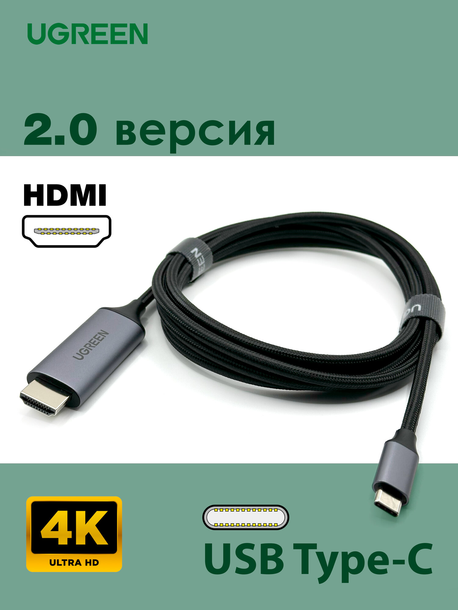 Кабель переходник UGREEN PremPack USB Type-C (Thunderbolt 4) - HDMI 2.0 (2 метра) 4K 60 Hz