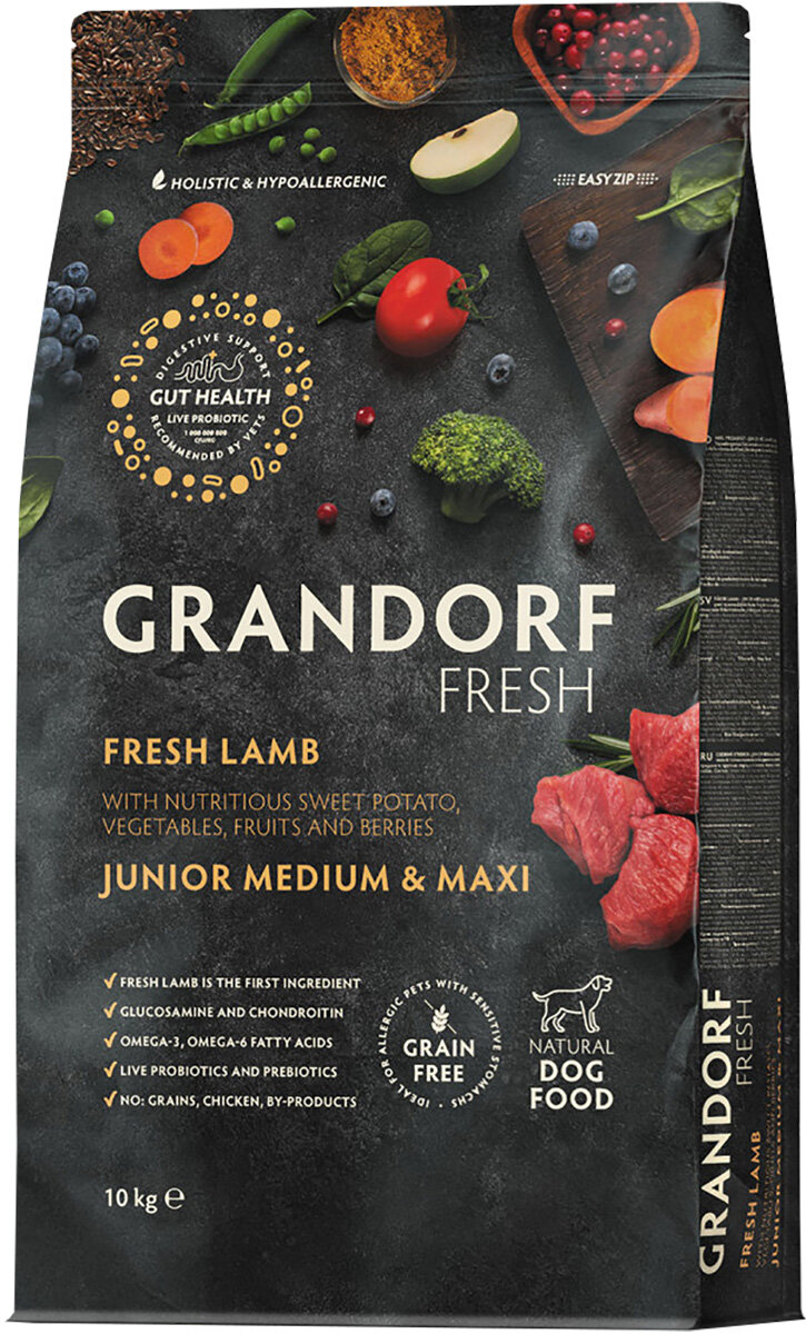 Корм сухой Grandorf Fresh Grain Free Junior Medium & Maxi Lamb & Sweet Potato беззерновой для юниоров средних и крупных пород, беременных и кормящих сук, ягненок, батат, 10 кг