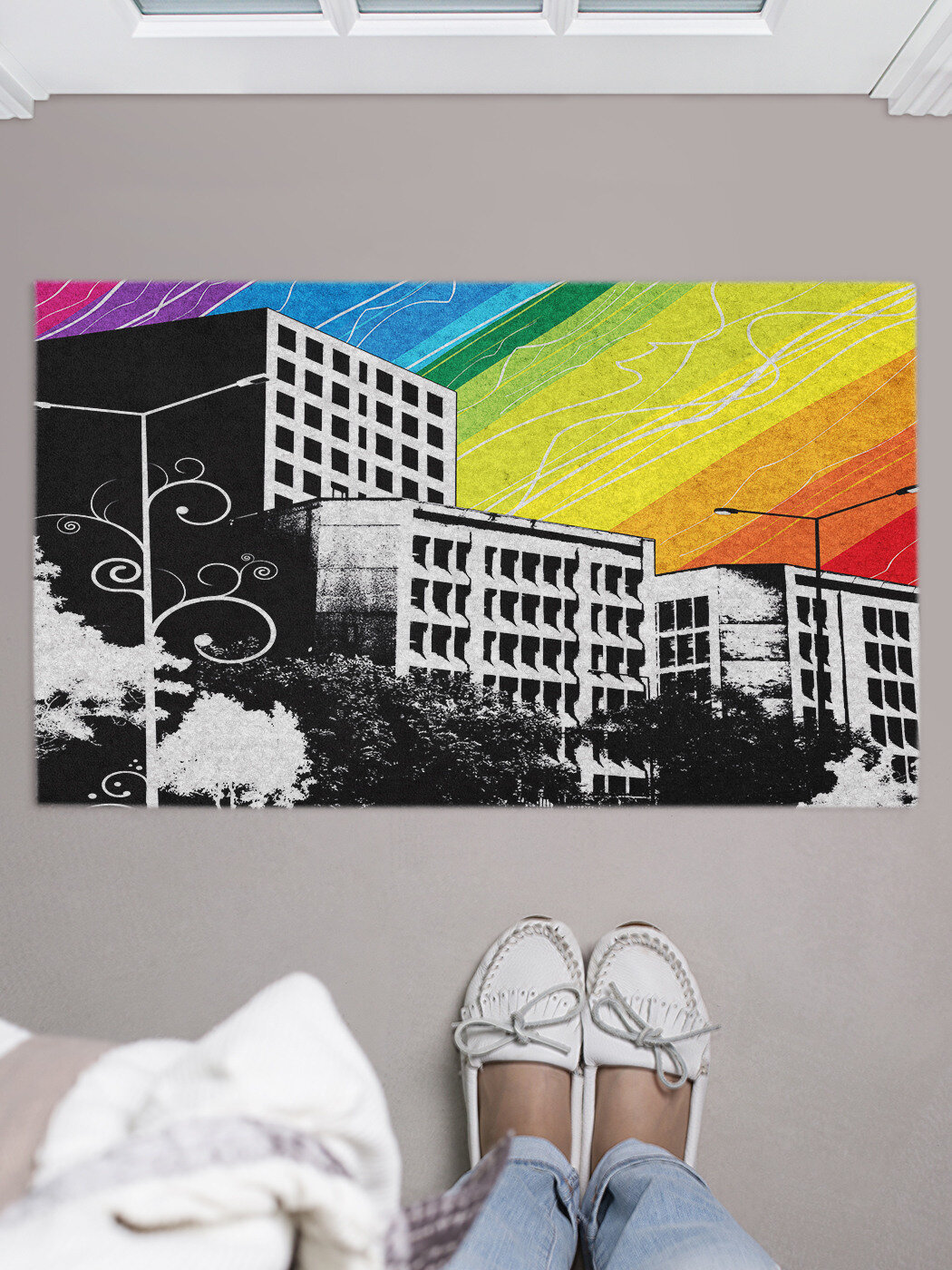 Коврик придверный в прихожую с принтом "Вид серого города" 45x75 см , JoyArty