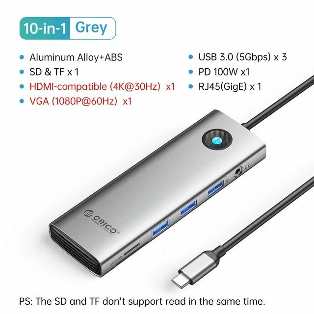 Док-станция ORICO type C hub dock to4k60hz HDMI, совместимая с USB3.0RJ45PD100W