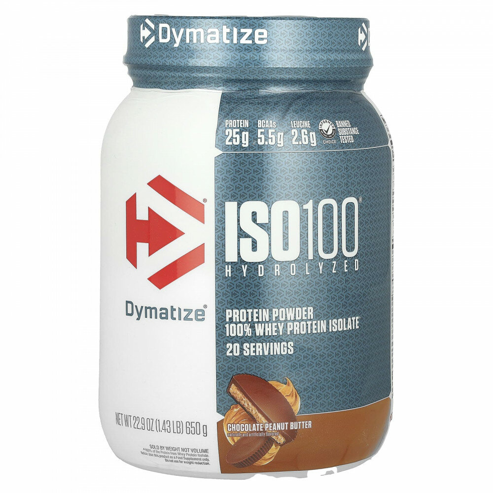 Dymatize, ISO100®, гидролизованный, 100% изолят сывороточного протеина, шоколад и арахисовое масло, 650 г (1,43 фунта)