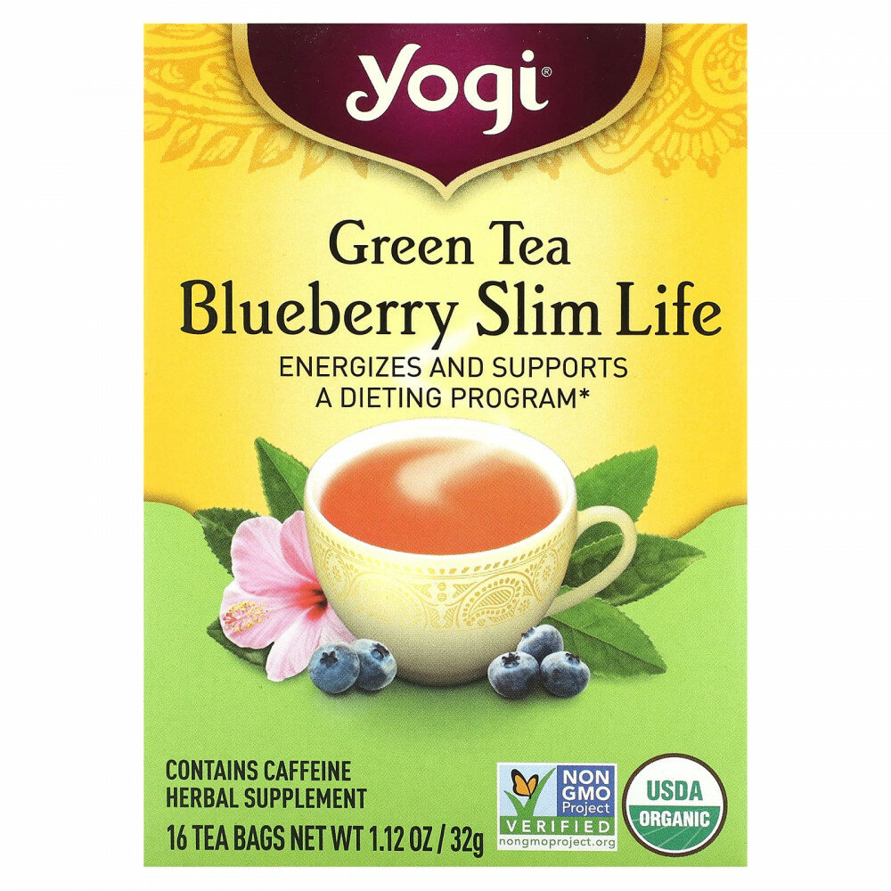 Yogi Tea, Slim Life, зеленый чай с черникой, 16 чайных пакетиков, 32 г (1,12 унции)
