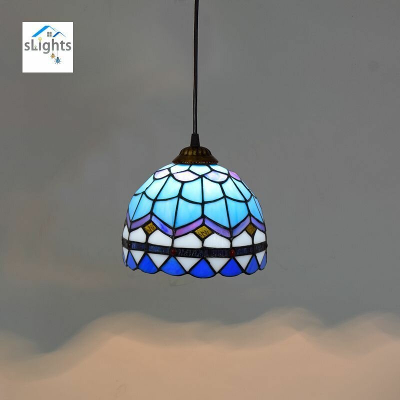 Светильник подвесной- Винтажная средиземноморская синяя люстра из витражного стекла Тиффани-20CM
