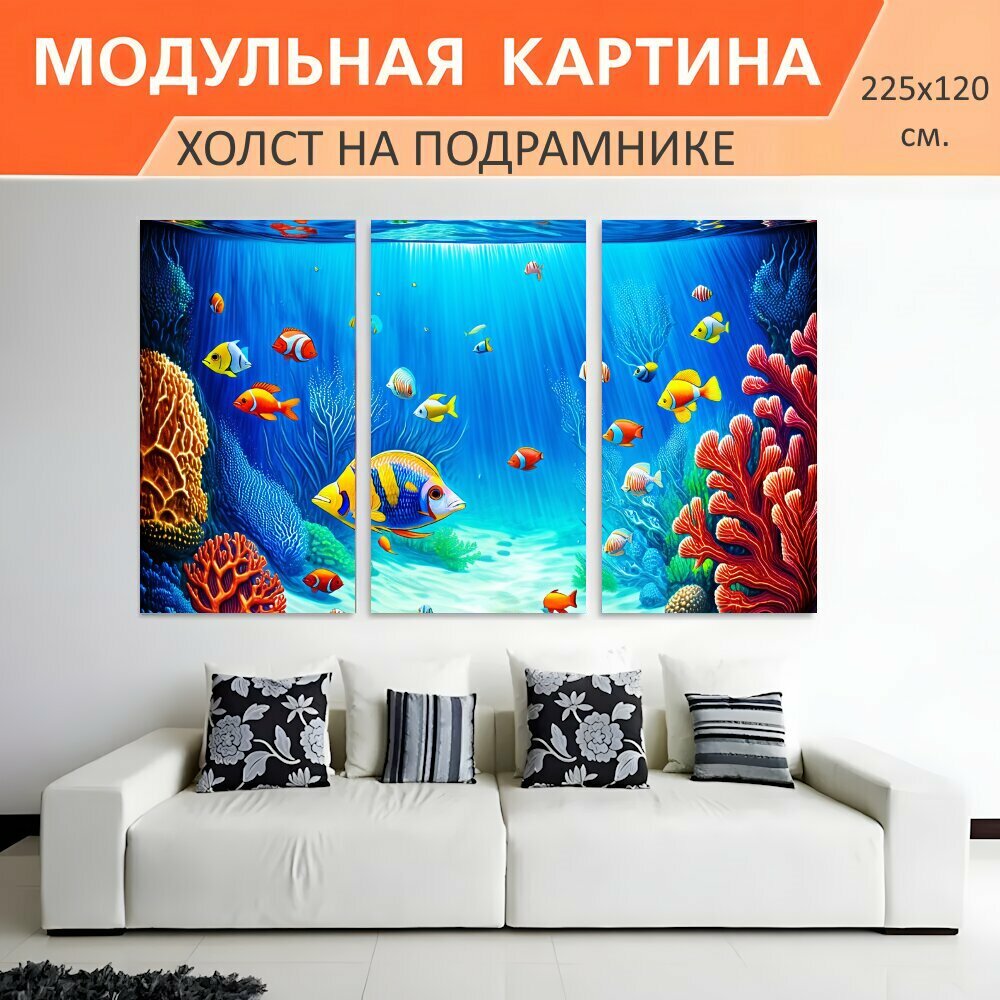 Модульная картина на холсте "Настенная картина, изображающая подводный мир в ярких цветах маслом, где экзотические рыбы и кораллы." триптих на подрамнике 225х120 см. для интерьера