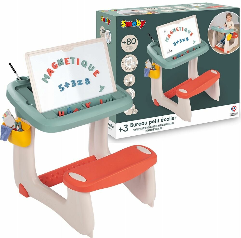Письменный стол со скамейкой Smoby - Парта с двусторонней доской + 80 аксессуаров - Смоби 420107