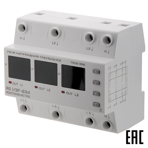 Реле напряжения RE V3F-63A 380 В Umin 120-200 В/Umax 210-270 В 63 А 3P+N