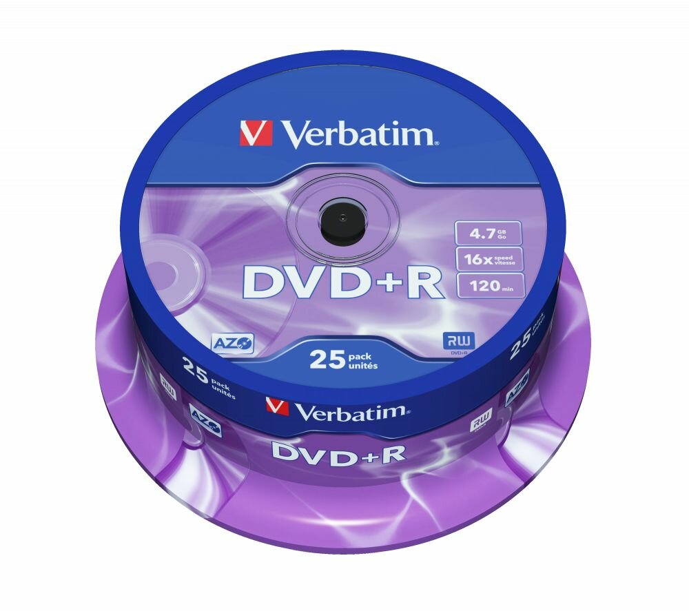 Оптические диски Verbatim DVD+R 4.7 ГБ 16X AZO серебристый матовый 25 шт. на шпинделе