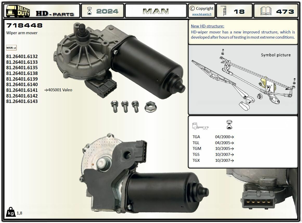 Электродвигатель стеклоочистителя 24V MAN TGA , арт. 718448 Hd-parts