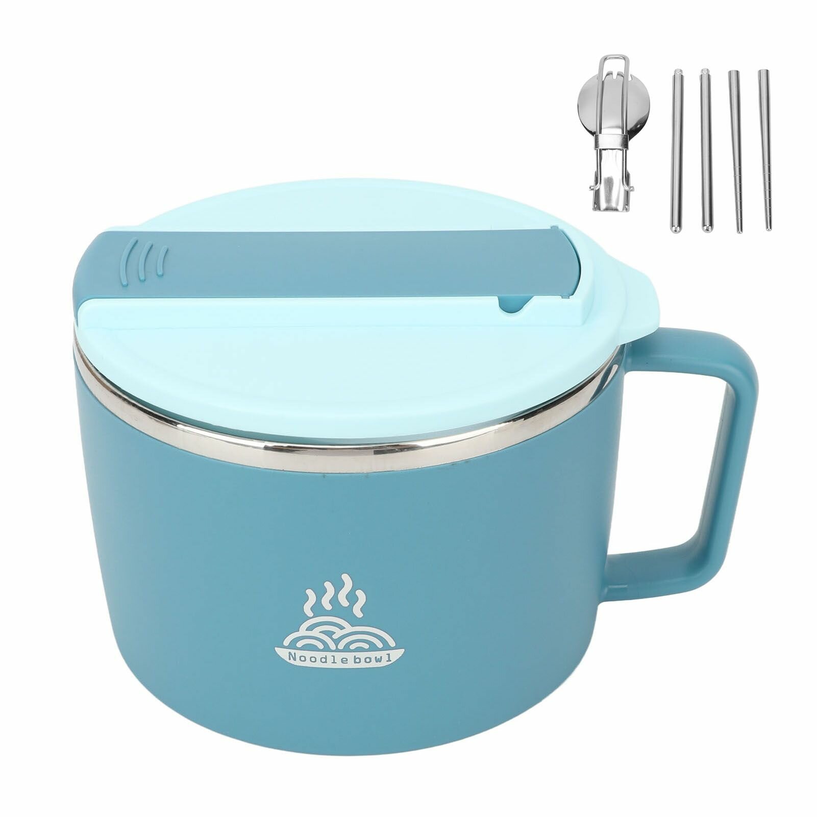 Миска для лапши из нержавеющей стали объемом 1200 мл с крышкой, портативная миска для приготовления лапши рамэн с палочками и вилкой для офиса и путешествий